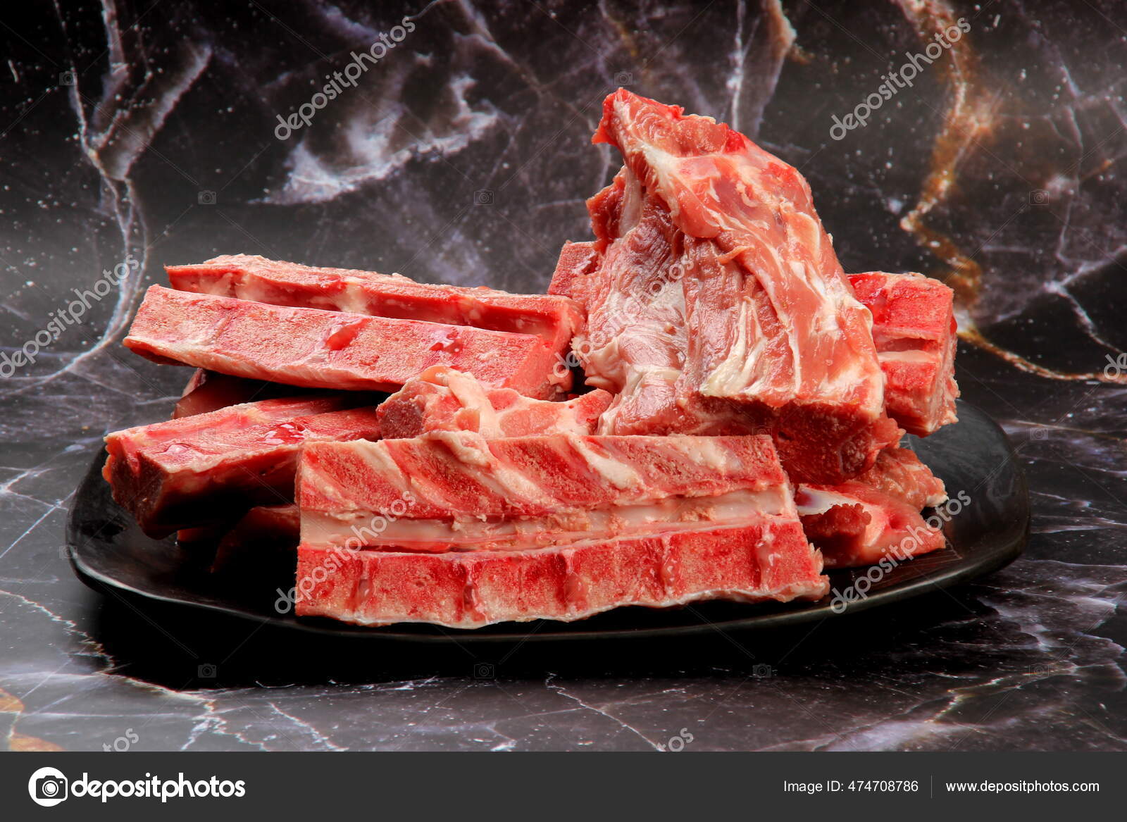 Raw Meat Bone Clay Plate Luxury Marble Background Raw Meat — Stock ...