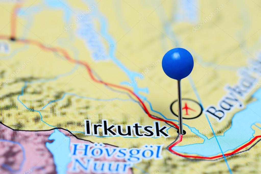 Irkutsk pinned on a map of Russia Stock Photo by ©dk_photos 114729962