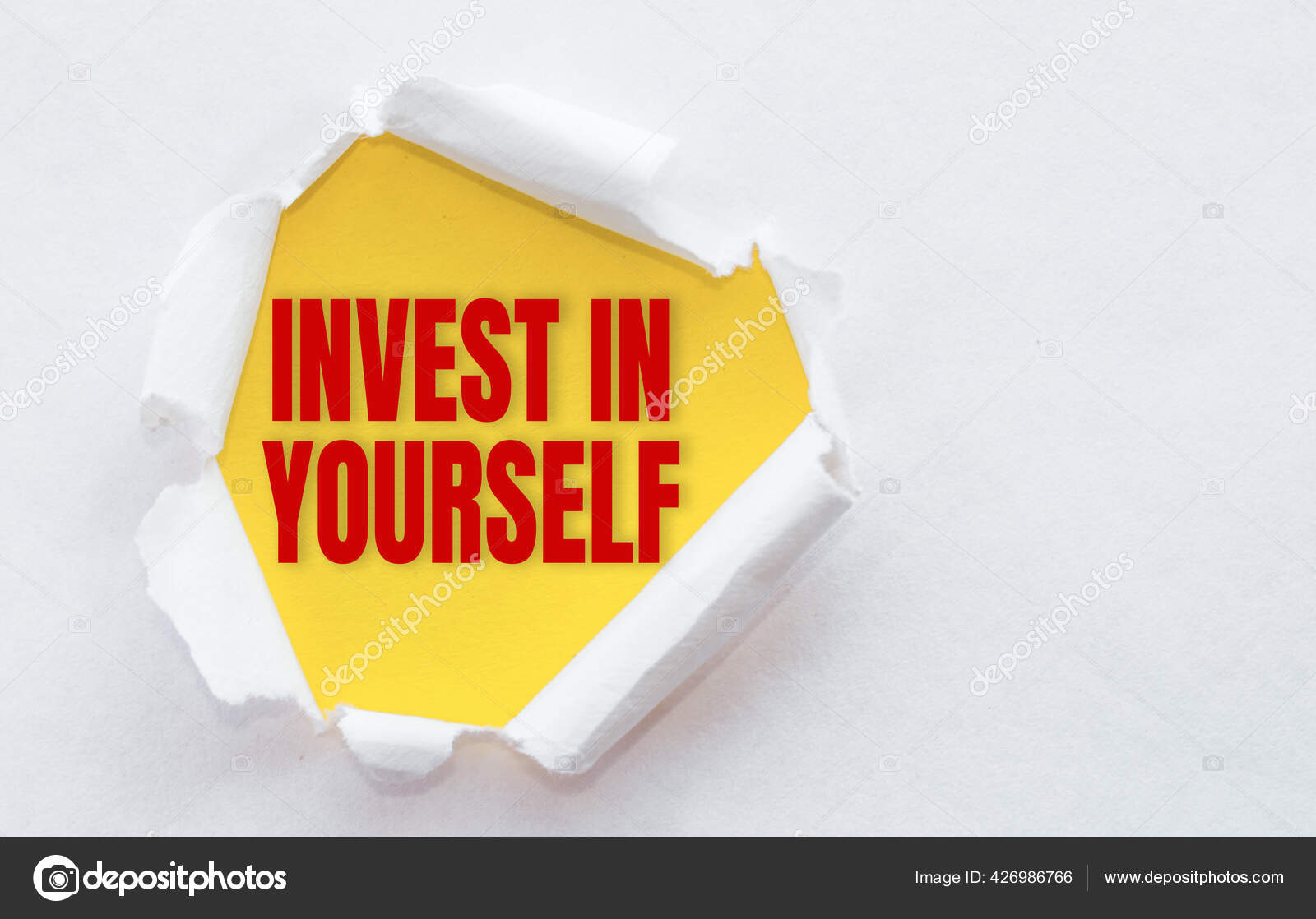 Top View White Torn Paper Text Invest Yourself Yellow Background Stock ...