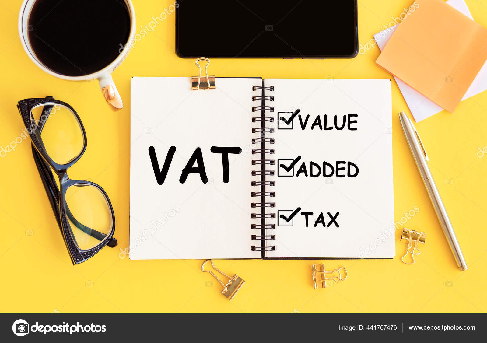 Vat Text Notepad Office Accessories Yellow Desk — Stock Photo © Ana_Fox ...