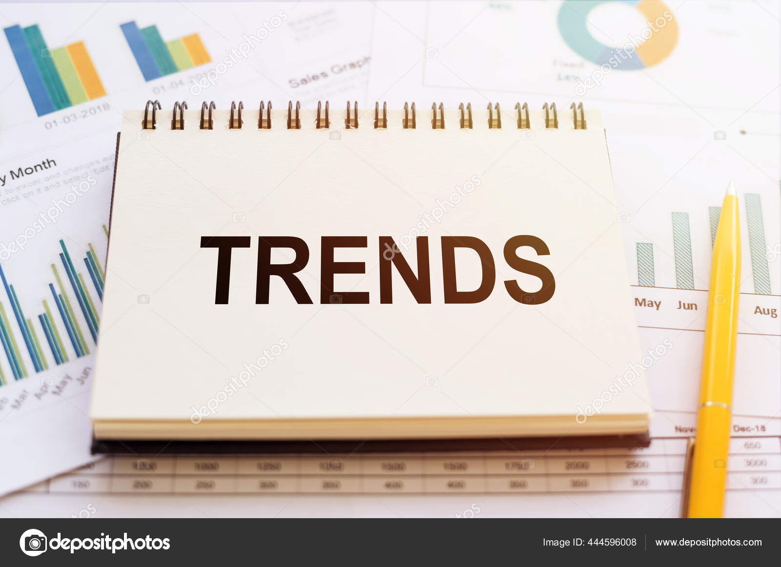Trends Written Notepad Financial Charts Graphs Yellow Pen Stock Photo ...