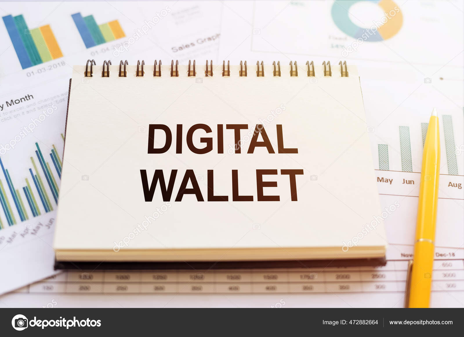 Digital Wallet Written Notepad Financial Charts Graphs Yellow Pen ...