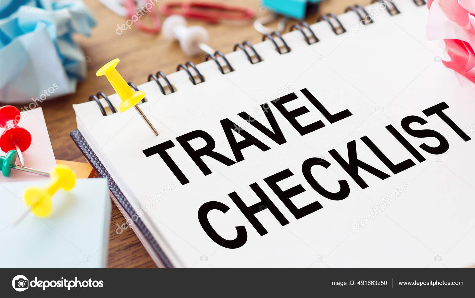 Travel Checklist Text Notepad Wrinkled Paper Paper Needles Wooden ...