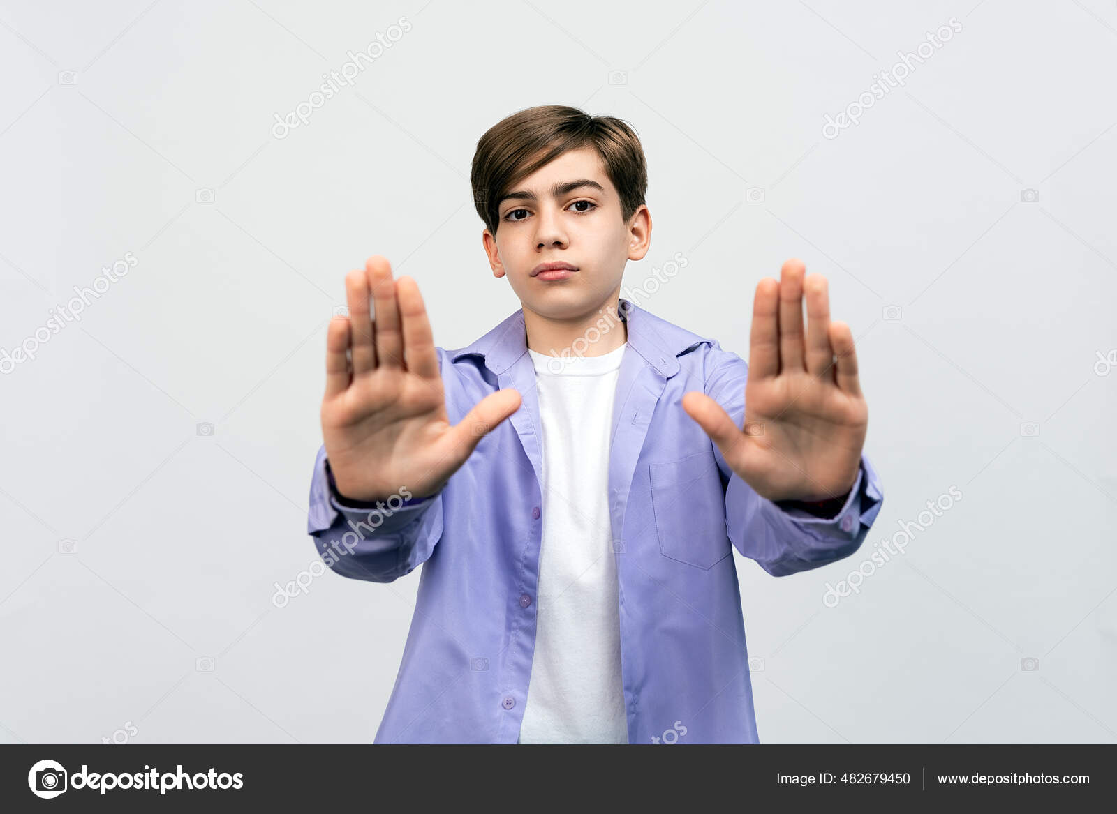 Stop Keep Distance Serious Boy Shows Stop Prohibit Gesture Keep Stock ...