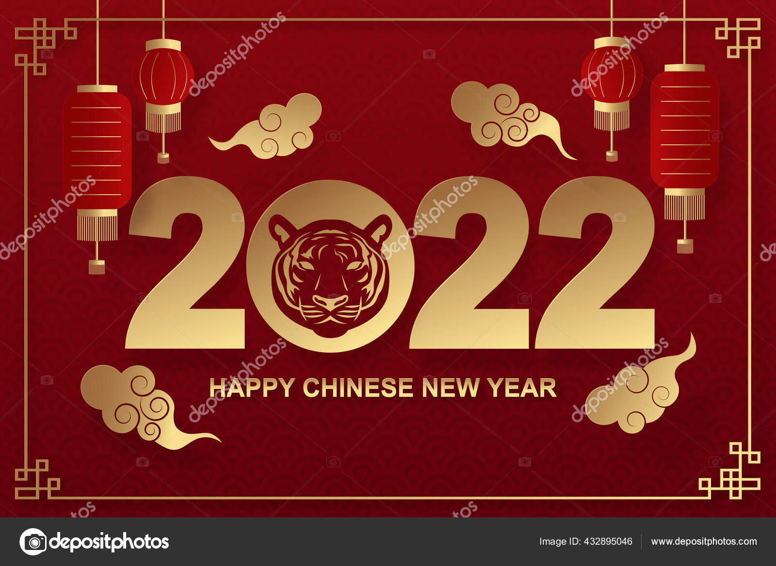 Happy Chinese New Year 2022 Tiger Zodiac Red Background Vector Stock ...
