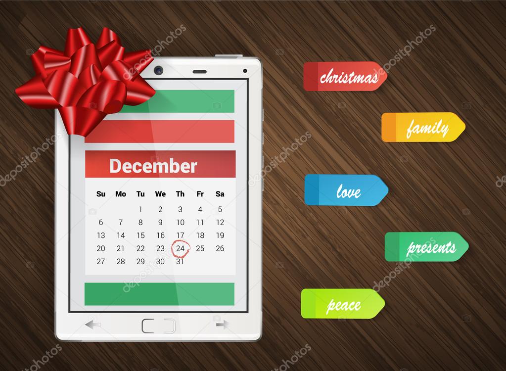 Christmas background with tablet, calendar, stickers and christmas bow ...