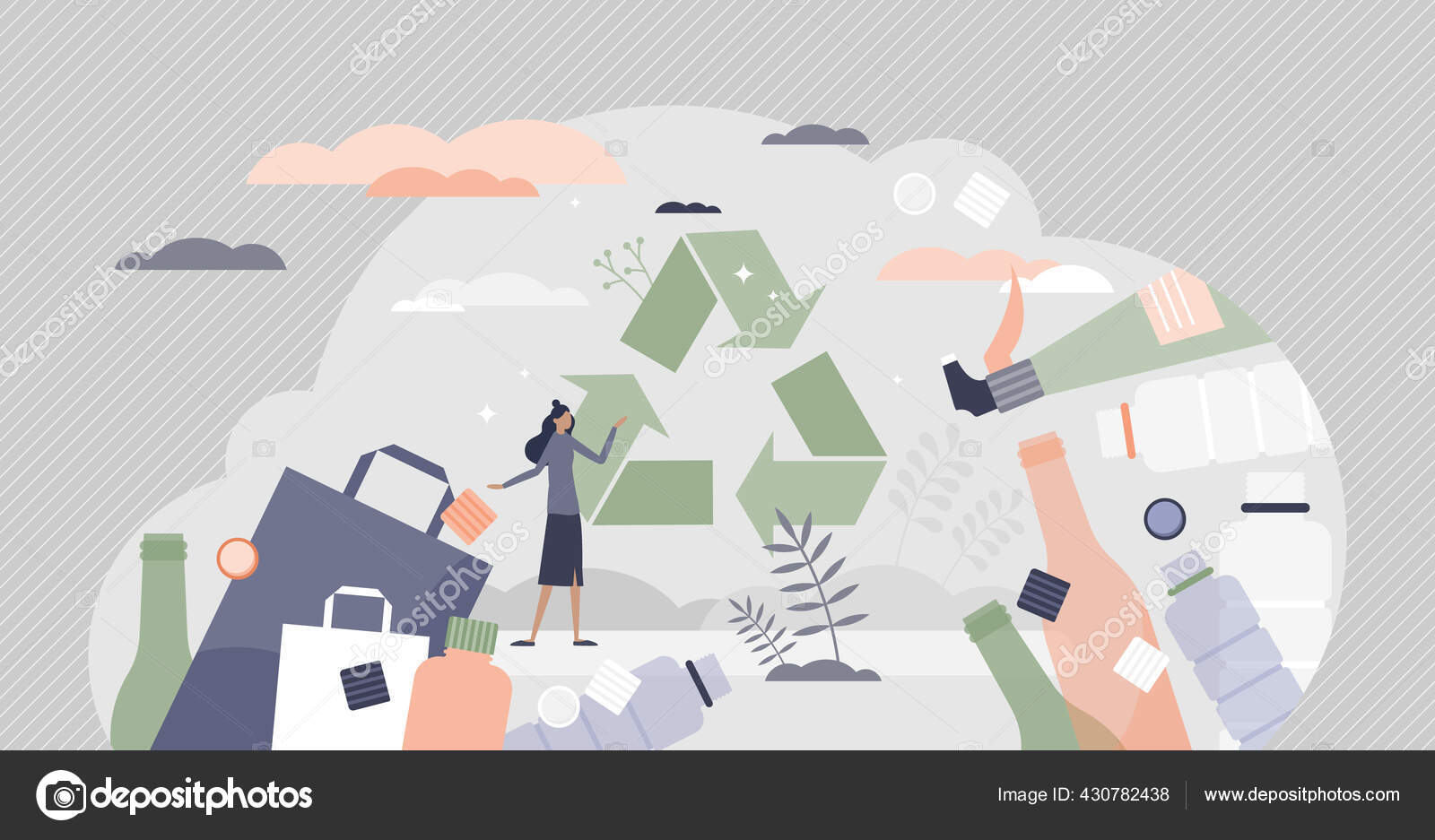 Green packaging as household plastic items recycling tiny person ...