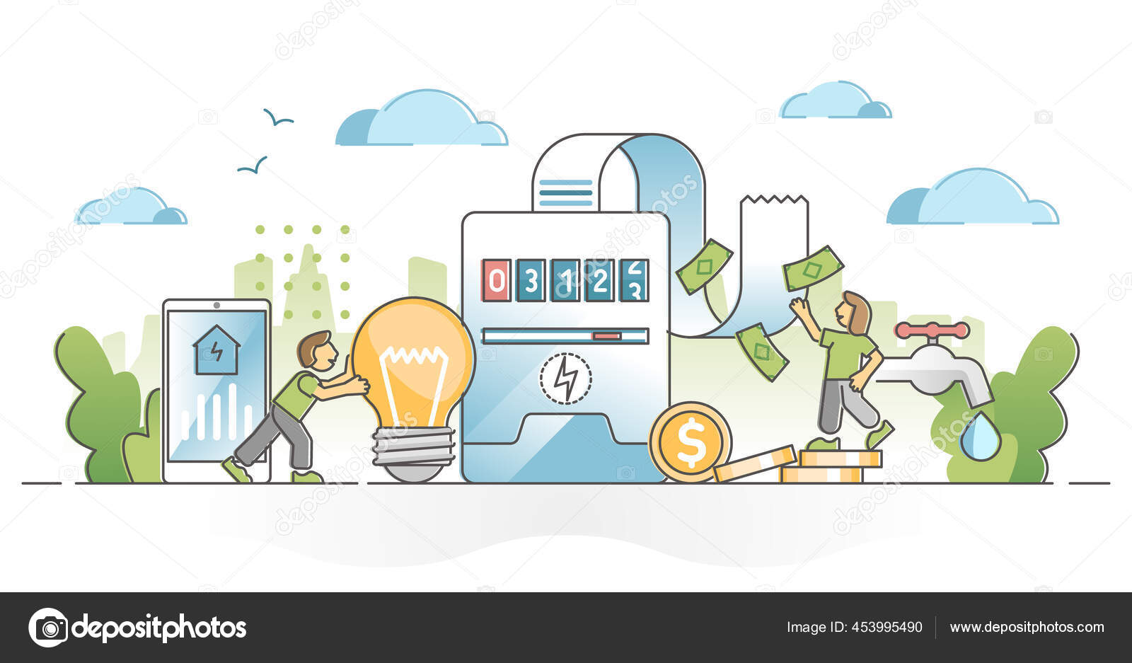 Utility bills as water and electricity consumption expenses outline ...