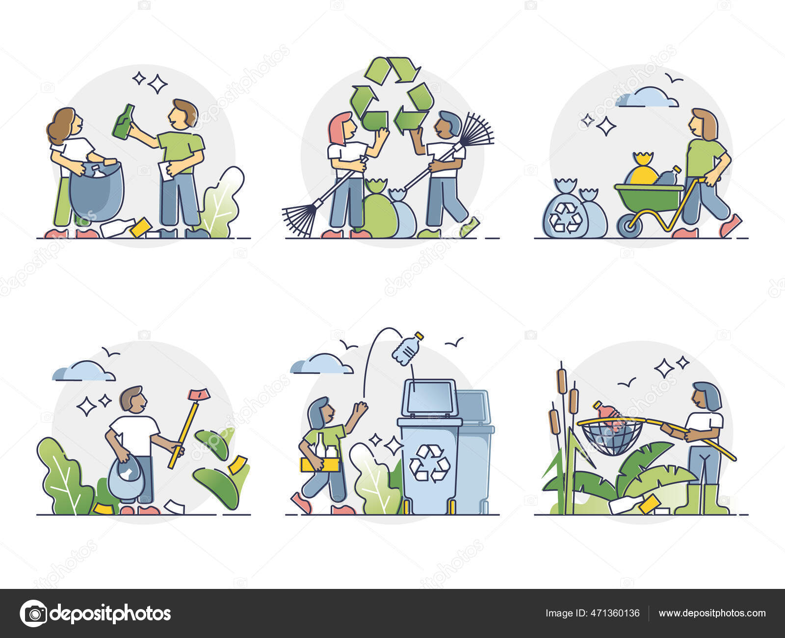 Volunteering for cleaner world with plastic garbage recycling outline ...