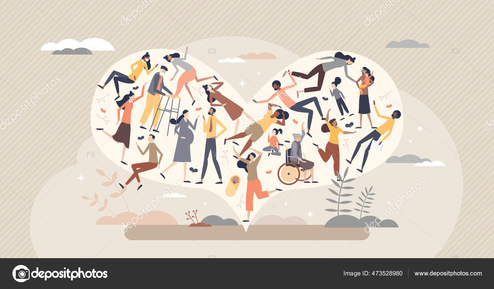 Diverse community with various different society groups tiny person ...