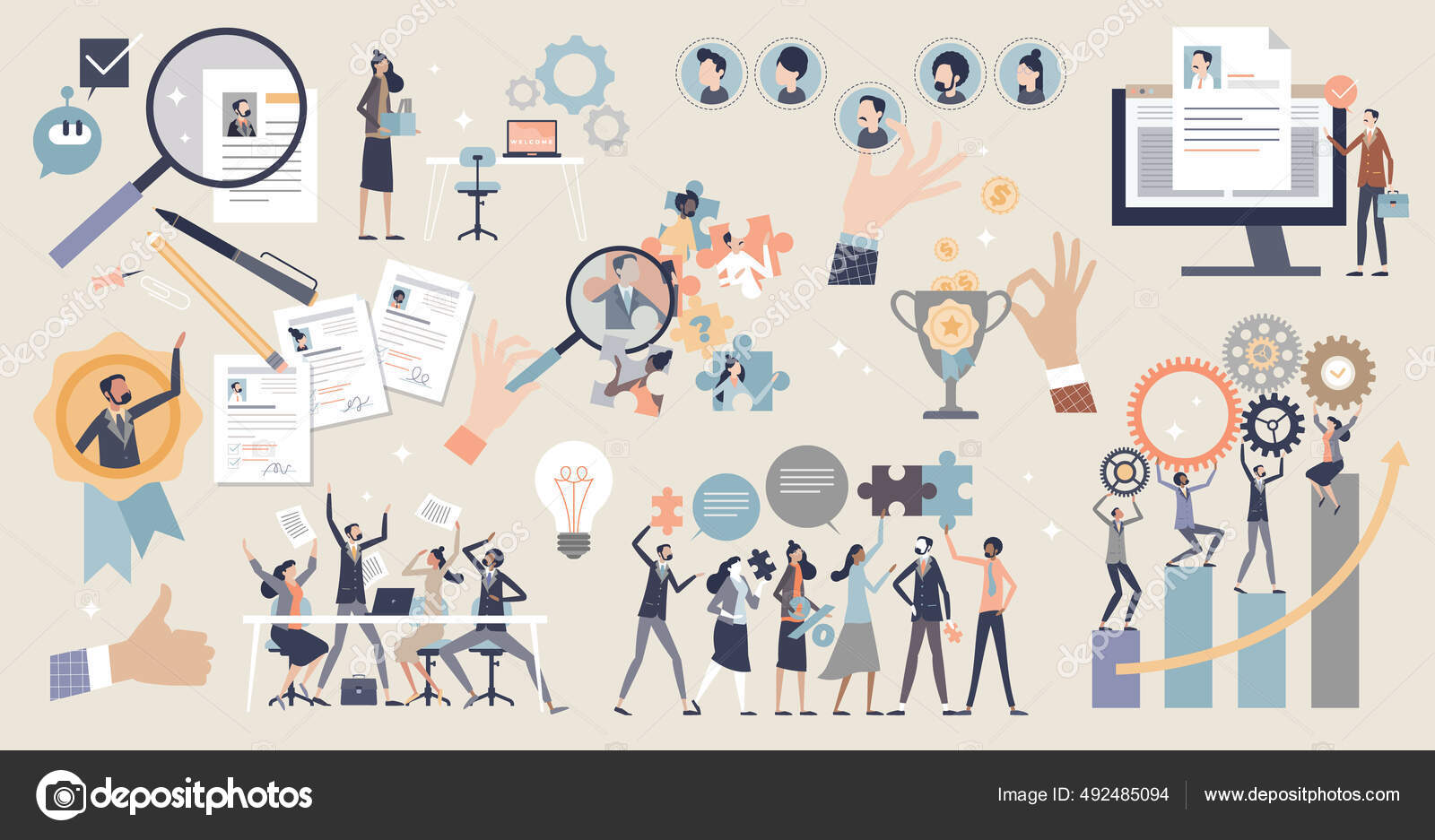 HR human resources elements with work hiring and job career tiny person ...