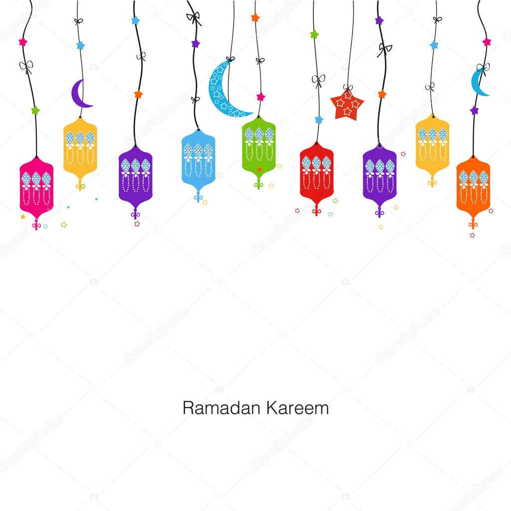 Ramadan Kareem with colorful Lamps, Crescents and Stars. Traditional ...