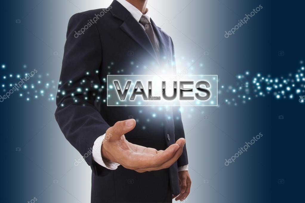 Businessman hand showing values button on virtual screen. — Stock Photo ...