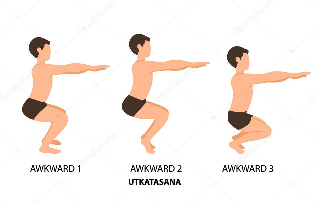 Set de poses incómodas. Hombre practicando yoga vector ilustración ...