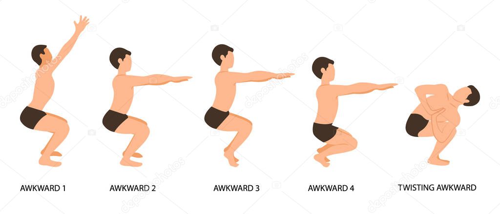 Set de poses incómodas. Hombre practicando yoga vector ilustración ...