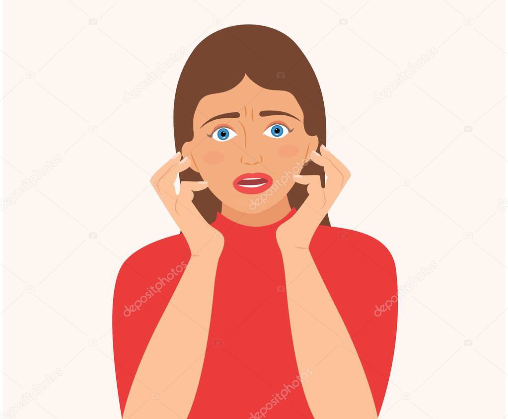 Retrato de mujer asustada y aterrorizada con cara de horror y dos ...