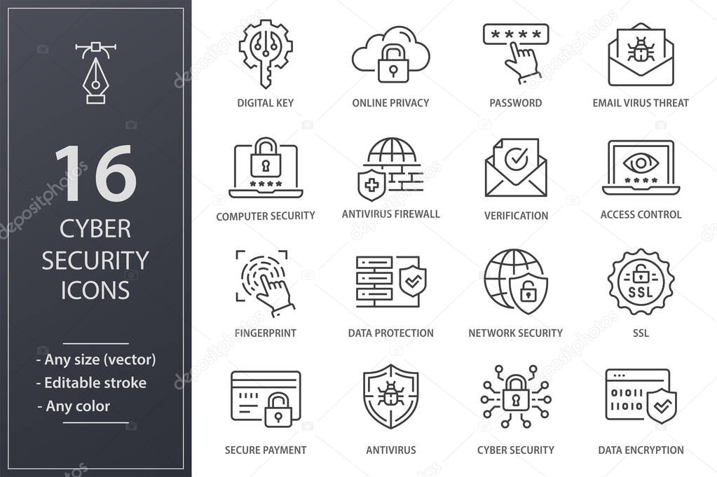 Iconos de seguridad cibernética, como amenaza de virus de correo ...