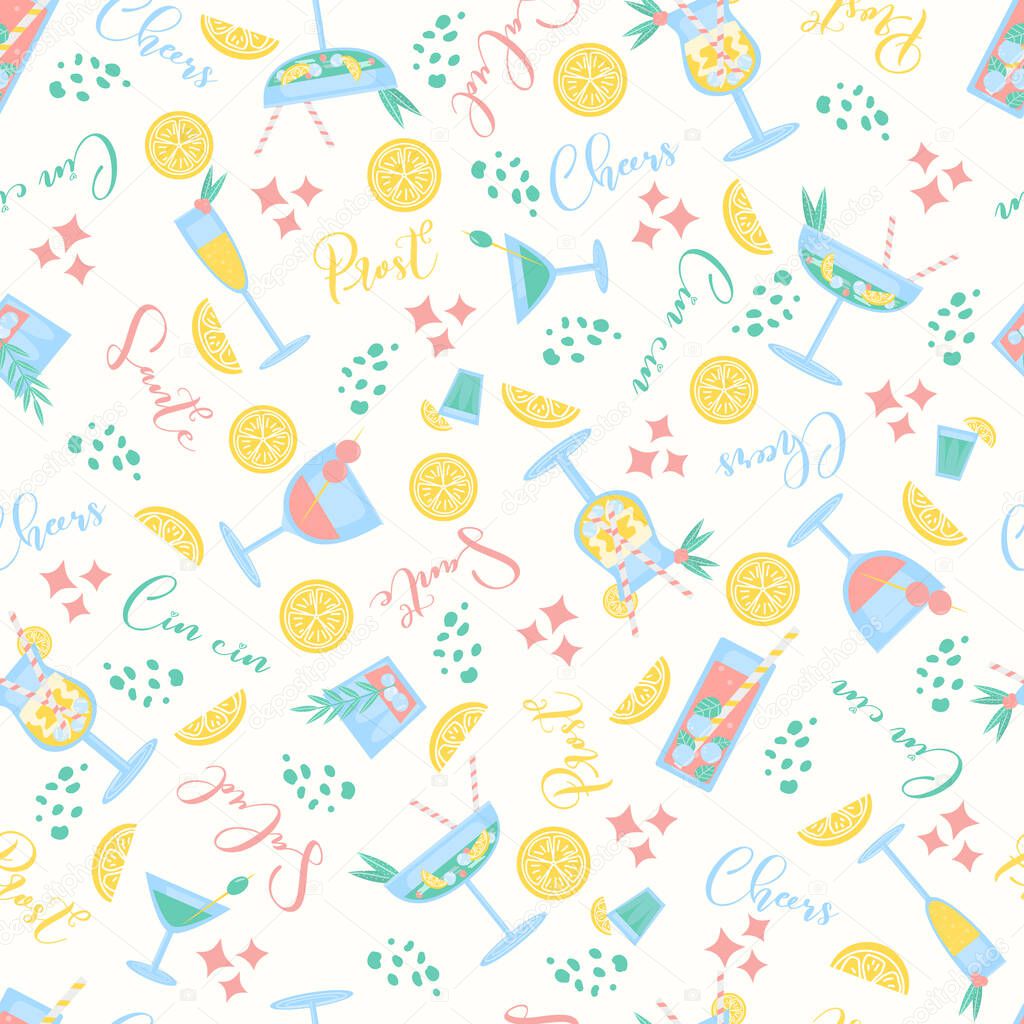 Patr n sin costuras con c cteles v tores, prost, cin cin, salud, sante words. Fiesta, pub ...