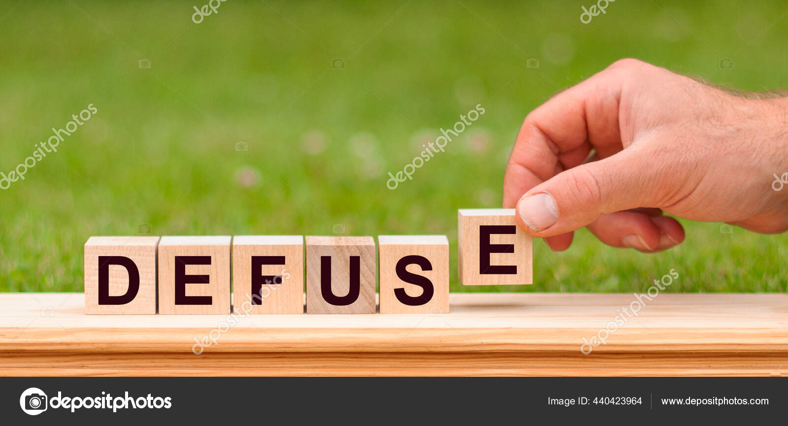 Word Defuse Written Wooden Blocks Man Hand Holding Wooden Cube Stock ...