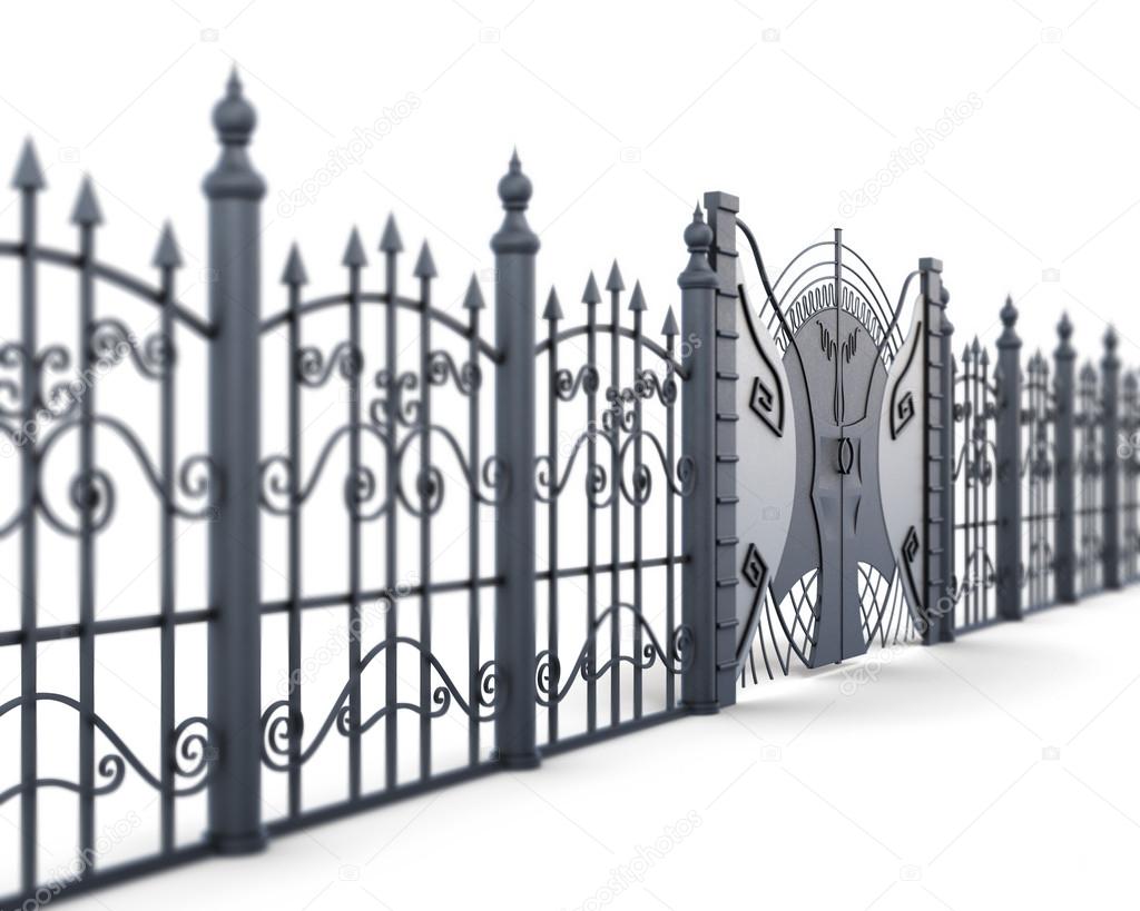Metal fence and gate on a white background, view angle. 3d rende Stock ...