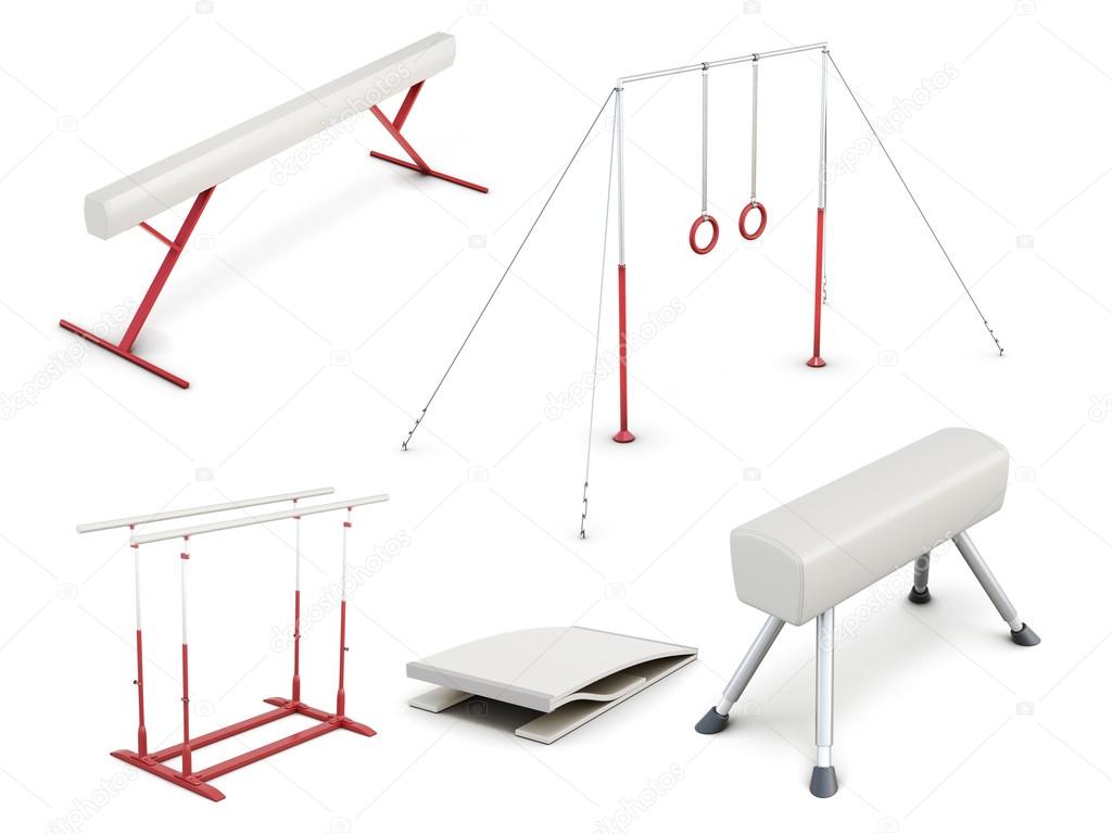 Set of gymnastic equipment isolated on white background. 3d rend Stock ...
