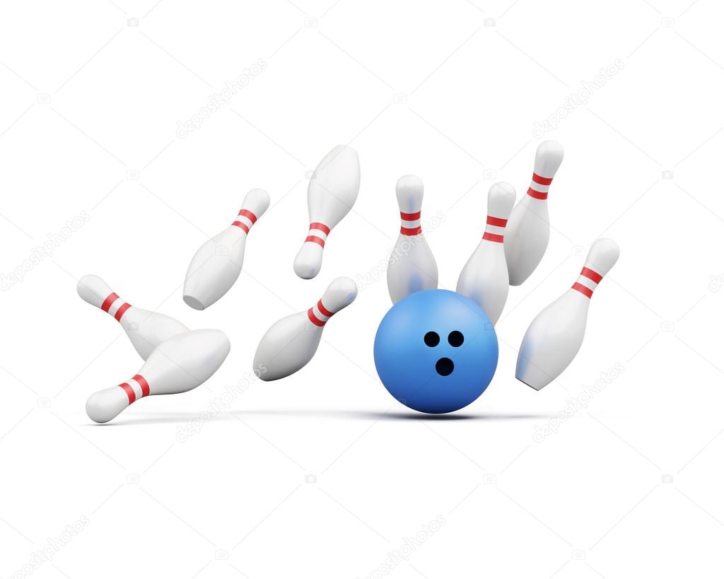 Bowling ball smashes into the pins on white background. 3d rende Stock ...