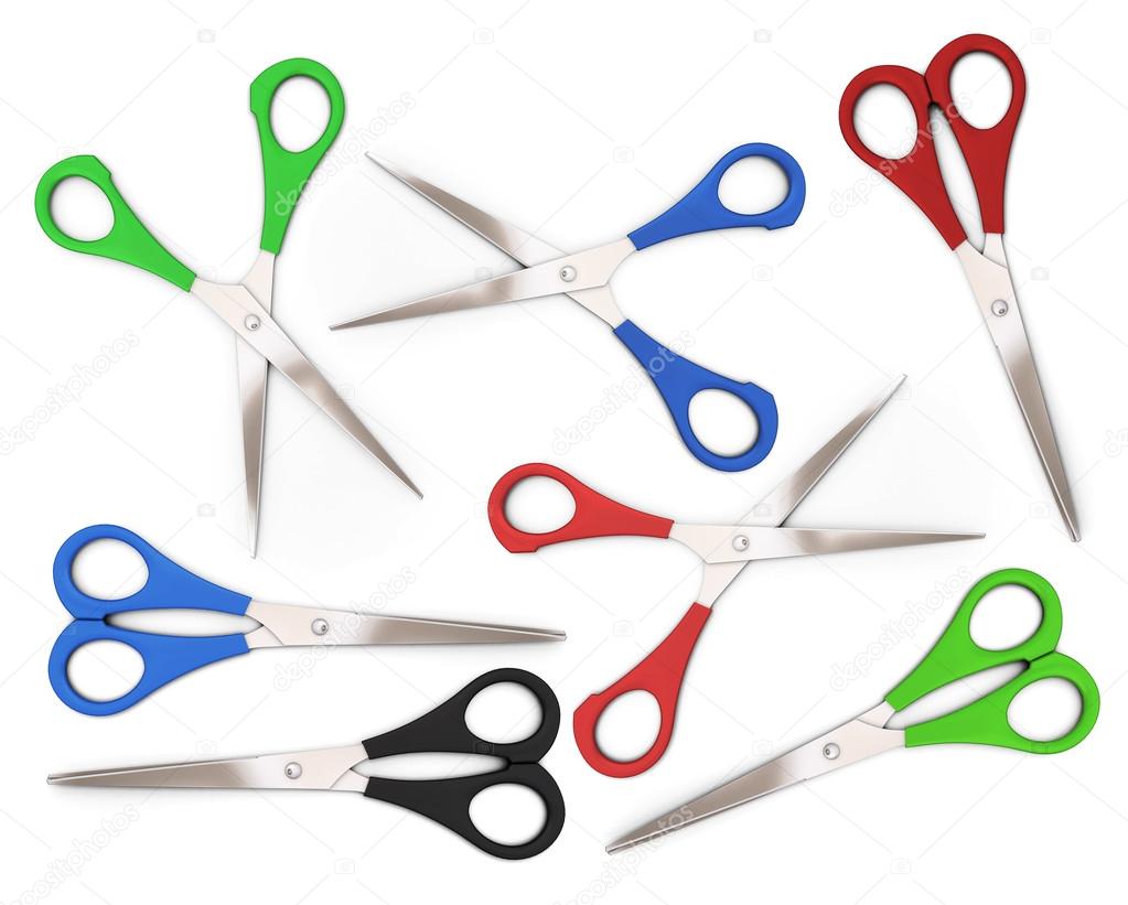 A set of open and closed colorful scissors on a white background ...