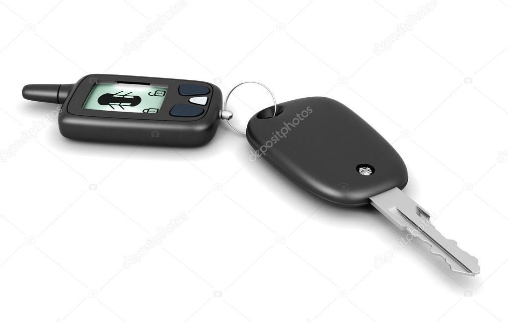 Remote alarm controller and key isolated on white background. 3d ...