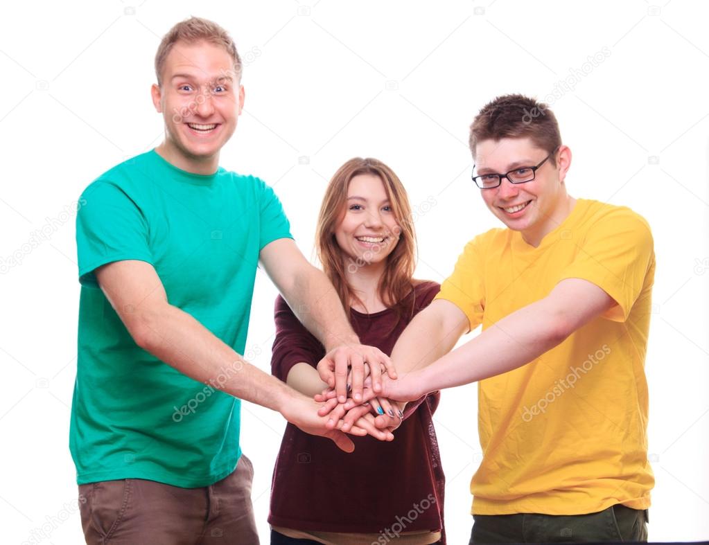 Three people team keeps on with your hands — Stock Photo ...