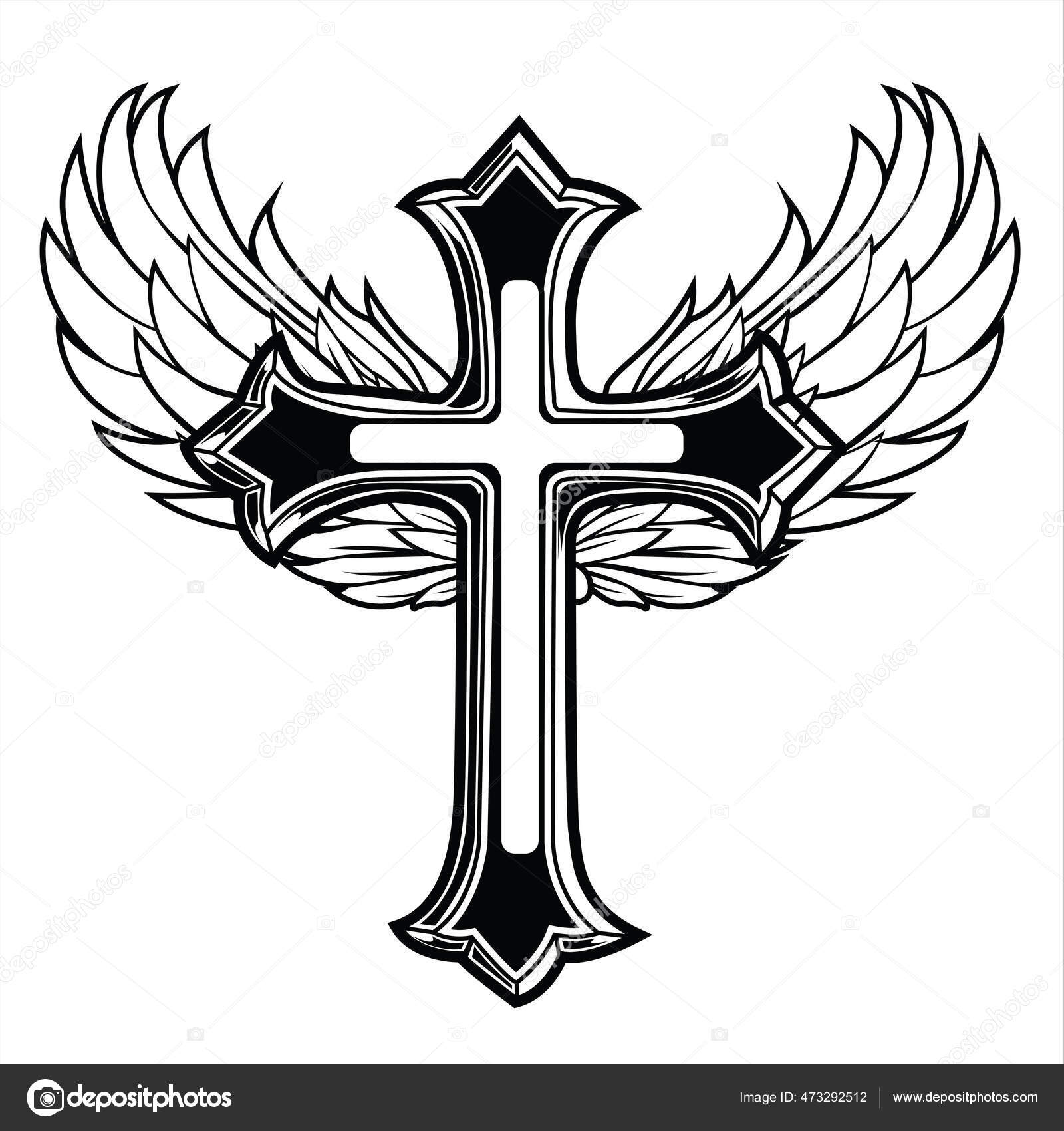 Christian Cross Wing Crown Vector Drawing Blak Vintage Wings Bird Stock ...