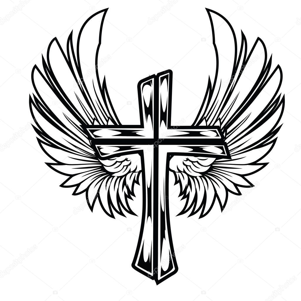 Christian Cross Wing Crown Vector Dibujo Blak Vintage Wings Pluma de ...