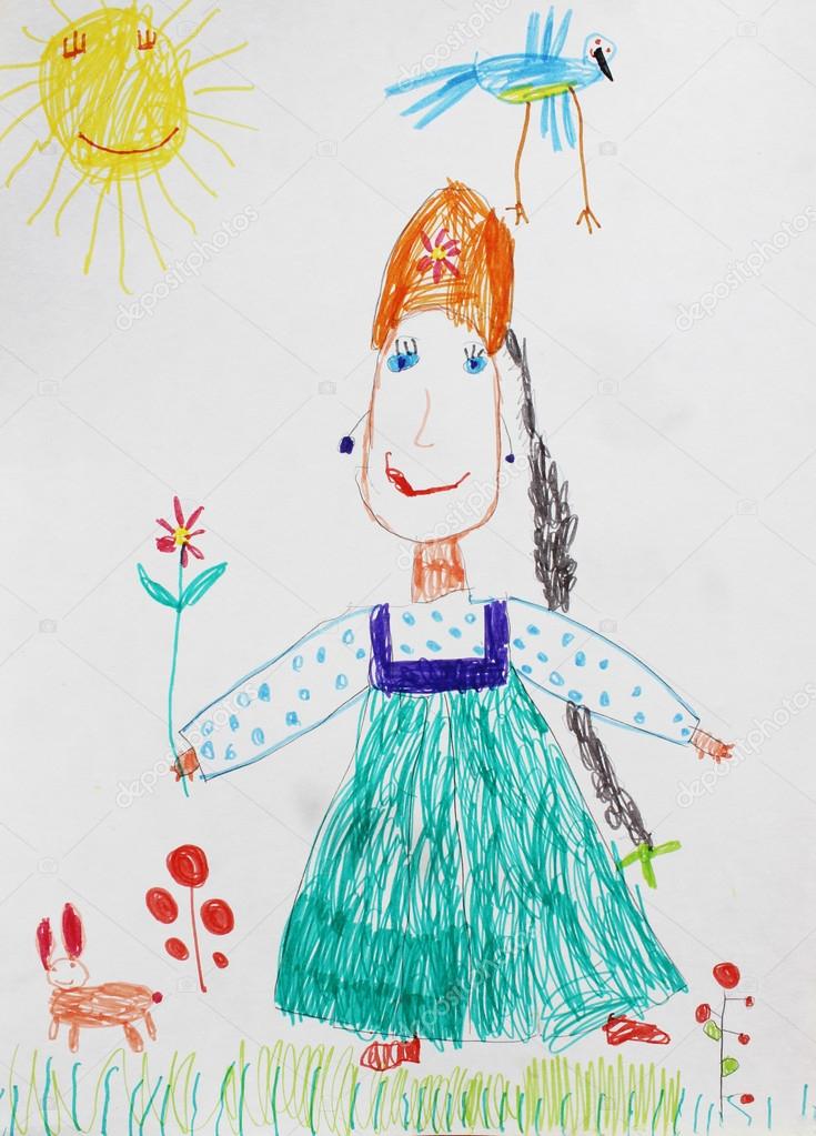 Children's drawing on white paper paints and pencil illustration Stock ...