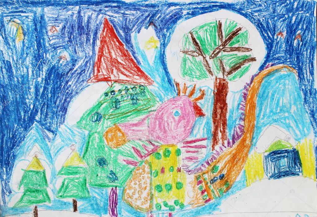 Children's drawing on white paper paints and pencil illustration Stock ...