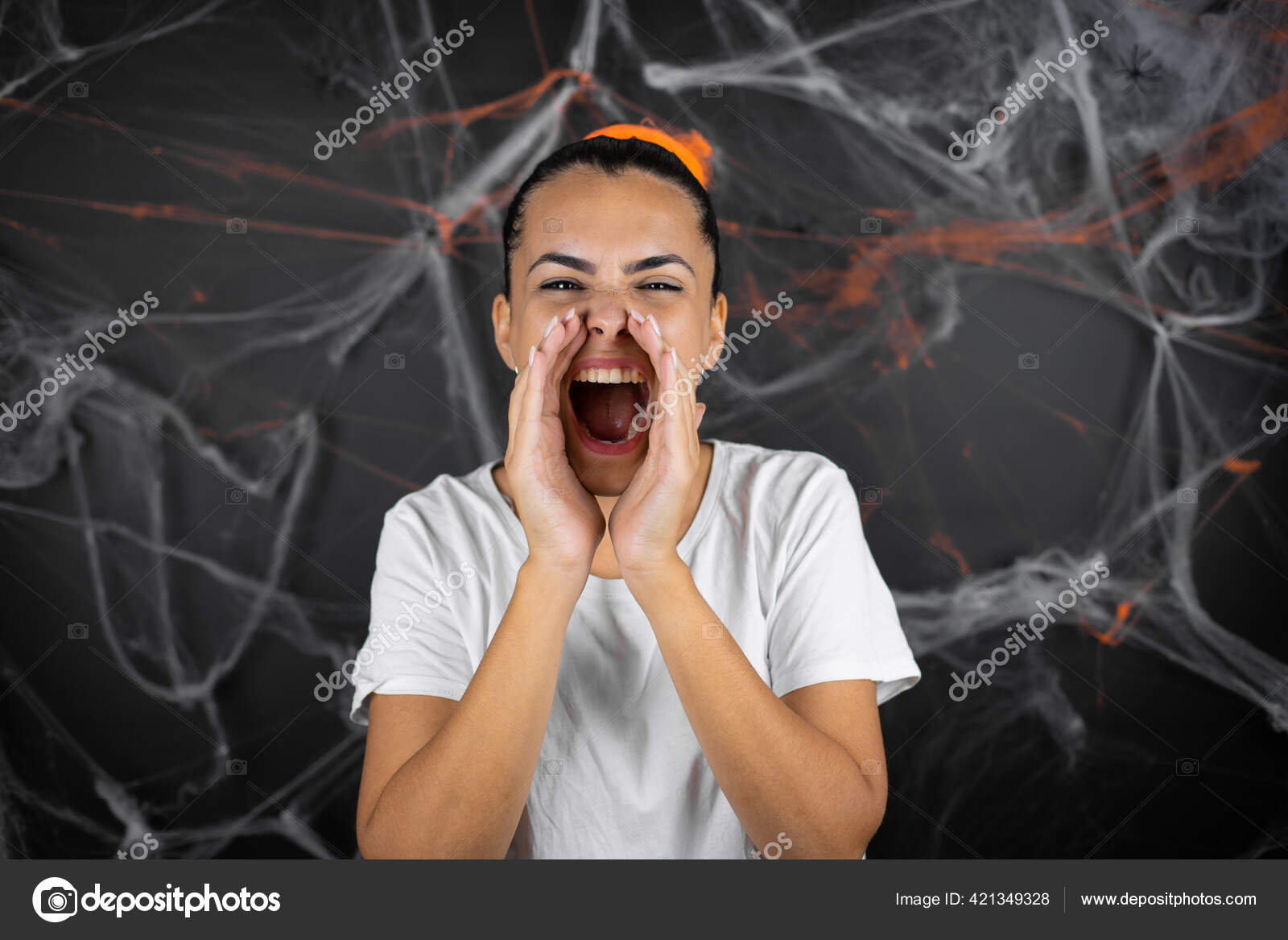 Young Beautiful Woman Black Background Cobwebs Spiders Shouting ...