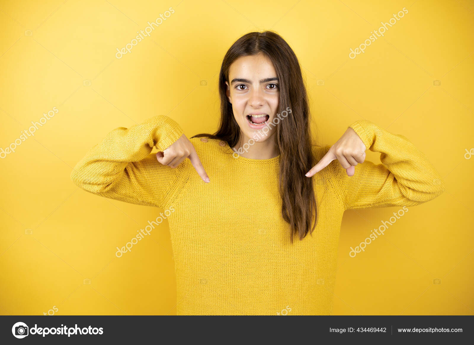 Pretty Girl Wearing Yellow Sweater Standing Isolated Yellow Background