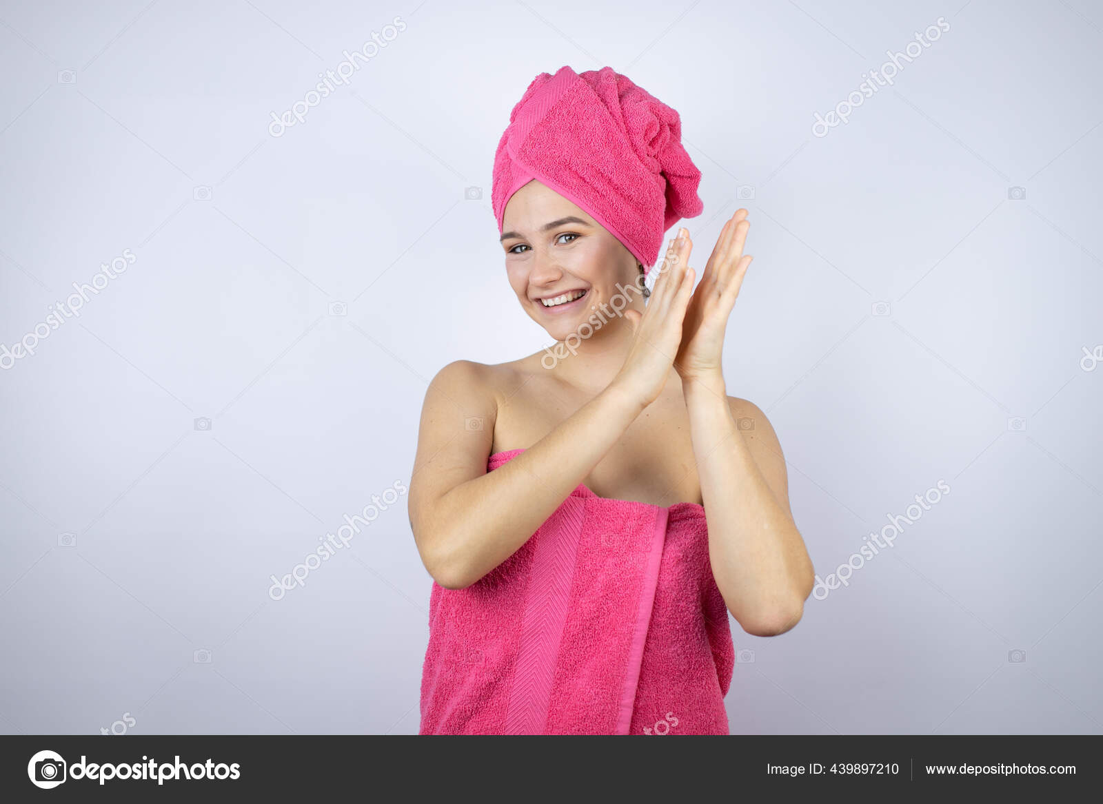 Young Beautiful Woman Wearing Shower Towel Bath Standing Isolated White ...