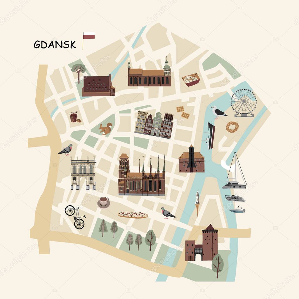 Vector a color dibujado a mano mapa ilustrado de la ciudad vieja de Gdansk, Polonia. Edificios ...
