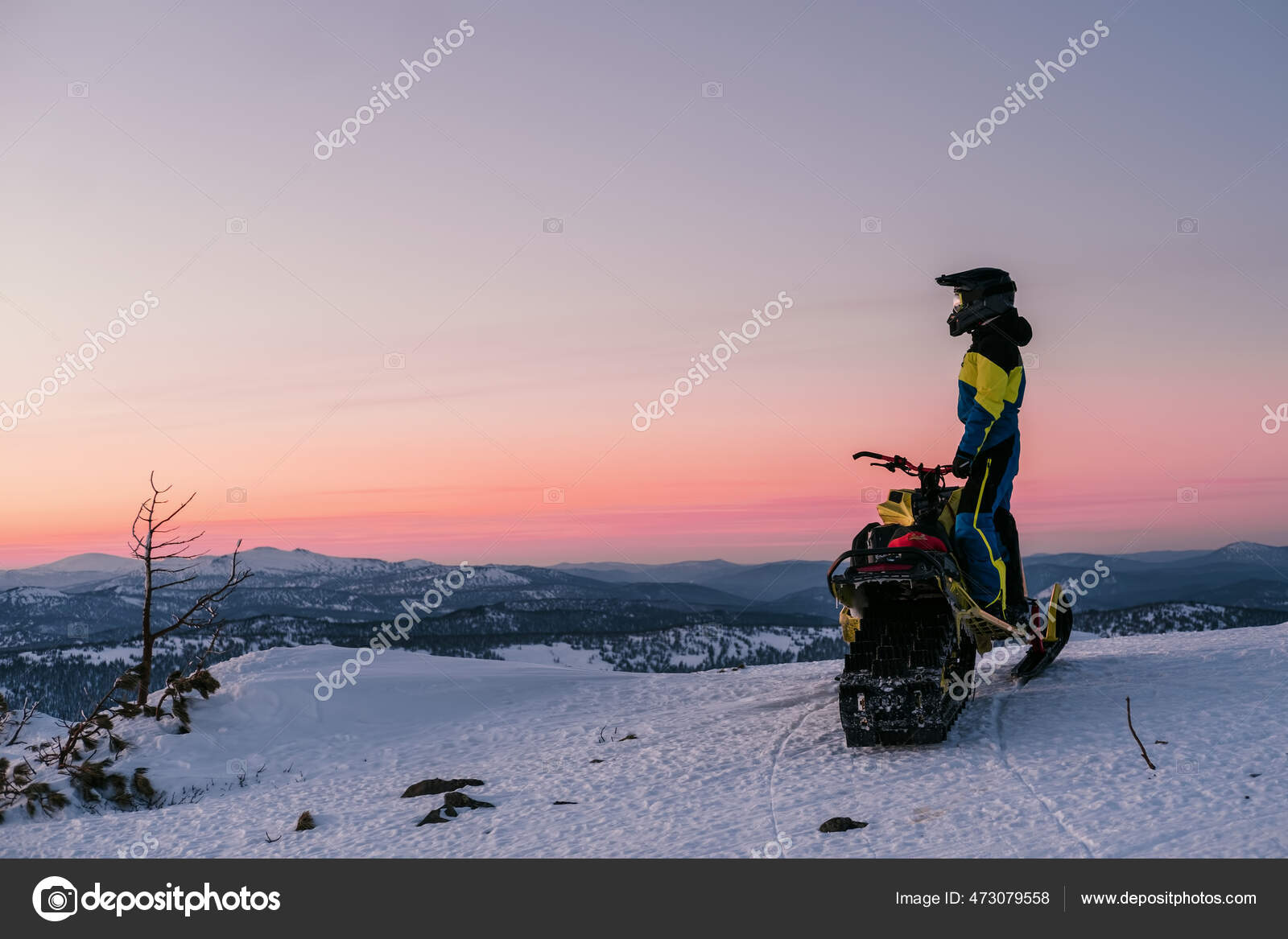 Snowmobile Rider Standing Top Mountain Sunset Atmospheric Landscape ...