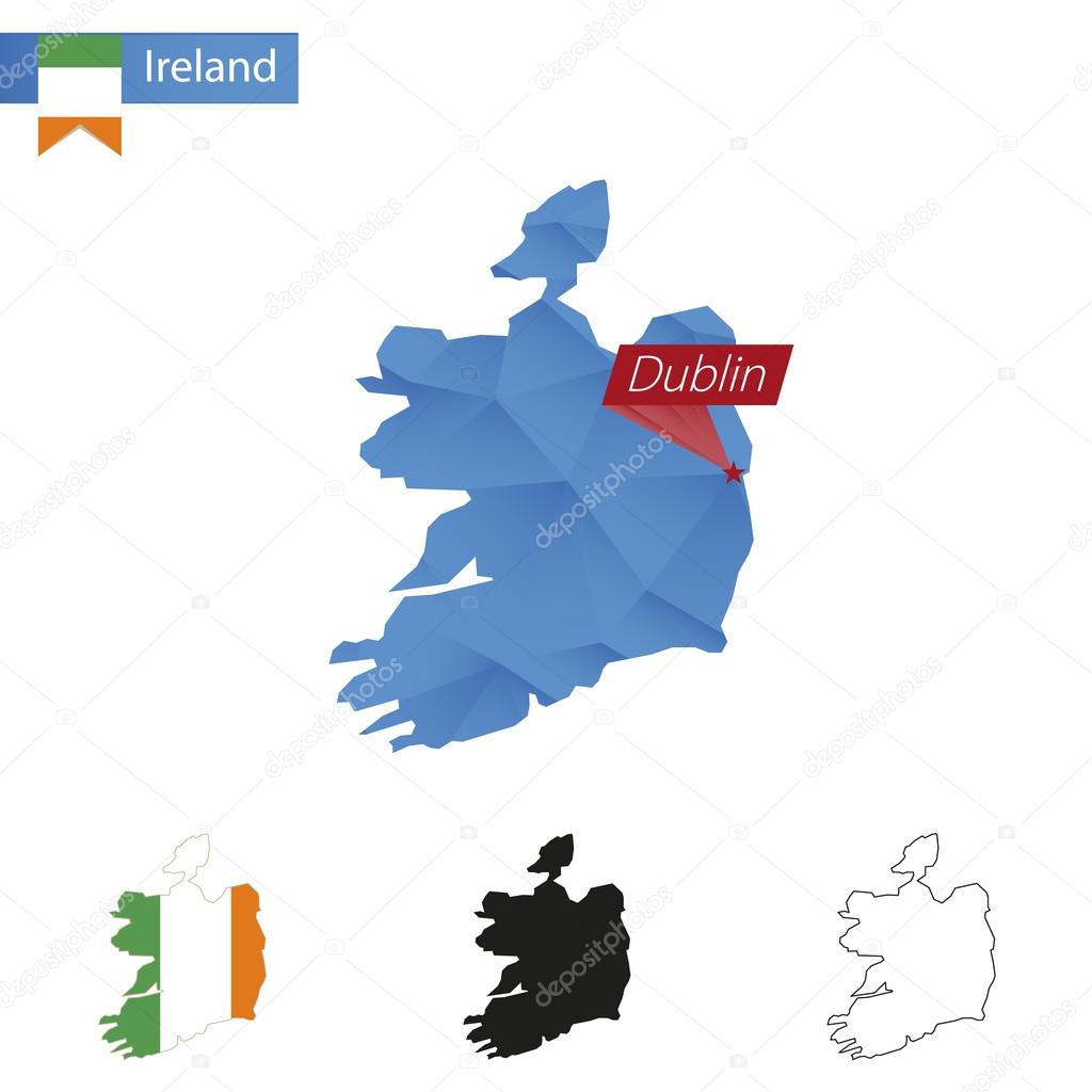 Ireland blue Low Poly map with capital Dublin. Stock Vector Image by ...