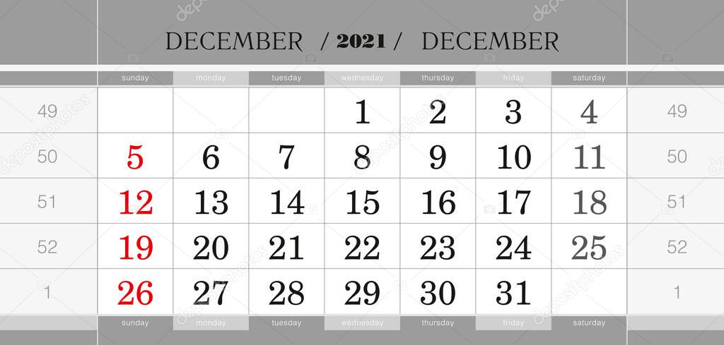 Diciembre 2021 bloque de calendario trimestral. Calendario mural en ...