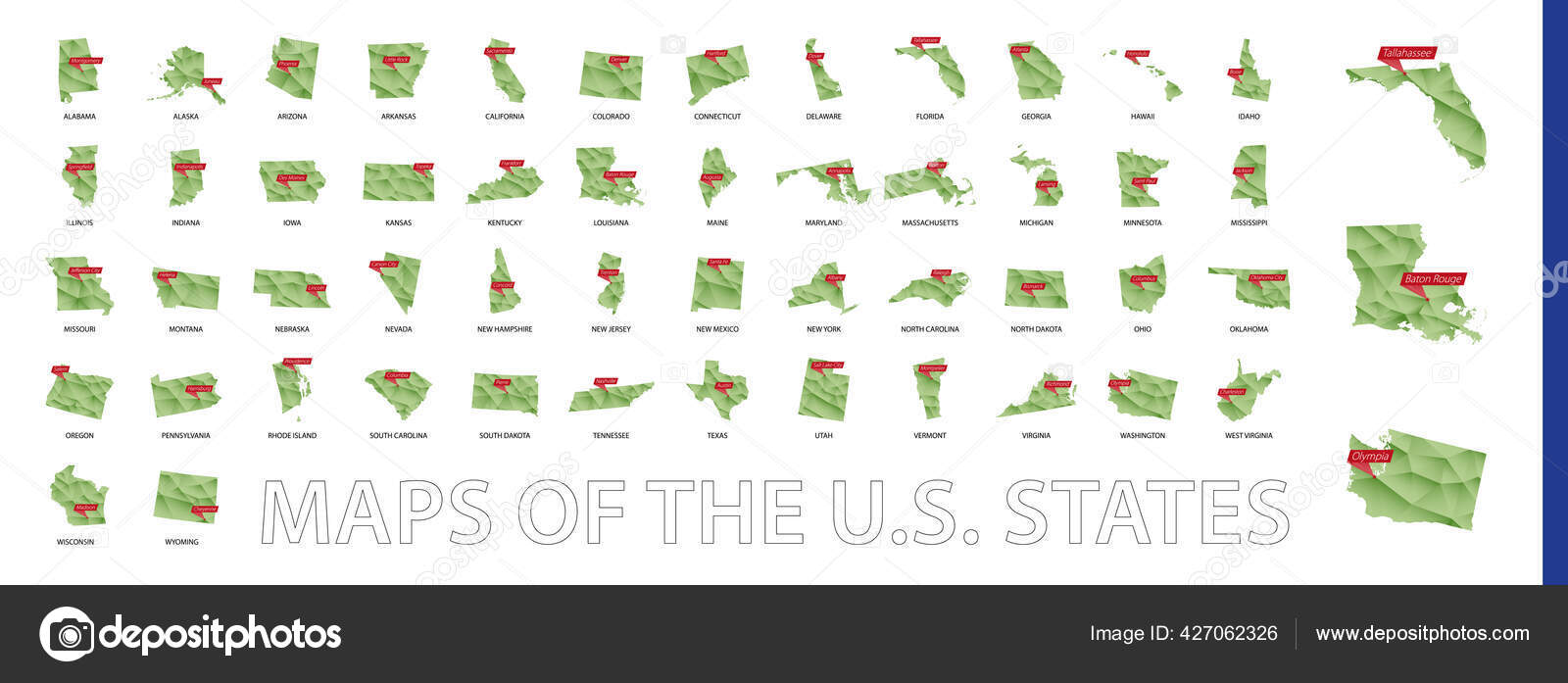 Green Gradient Low Poly States Maps Big Collection States Maps Stock ...