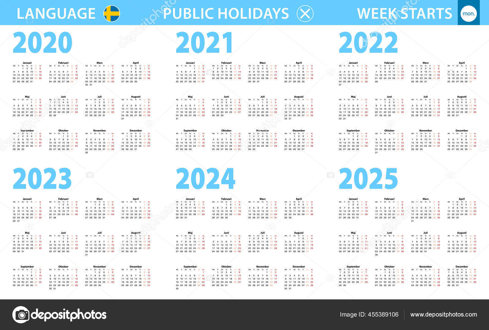 Kalender Dalam Bahasa Swedia Untuk Tahun 2020 2021 2022 2023 Vektor ...