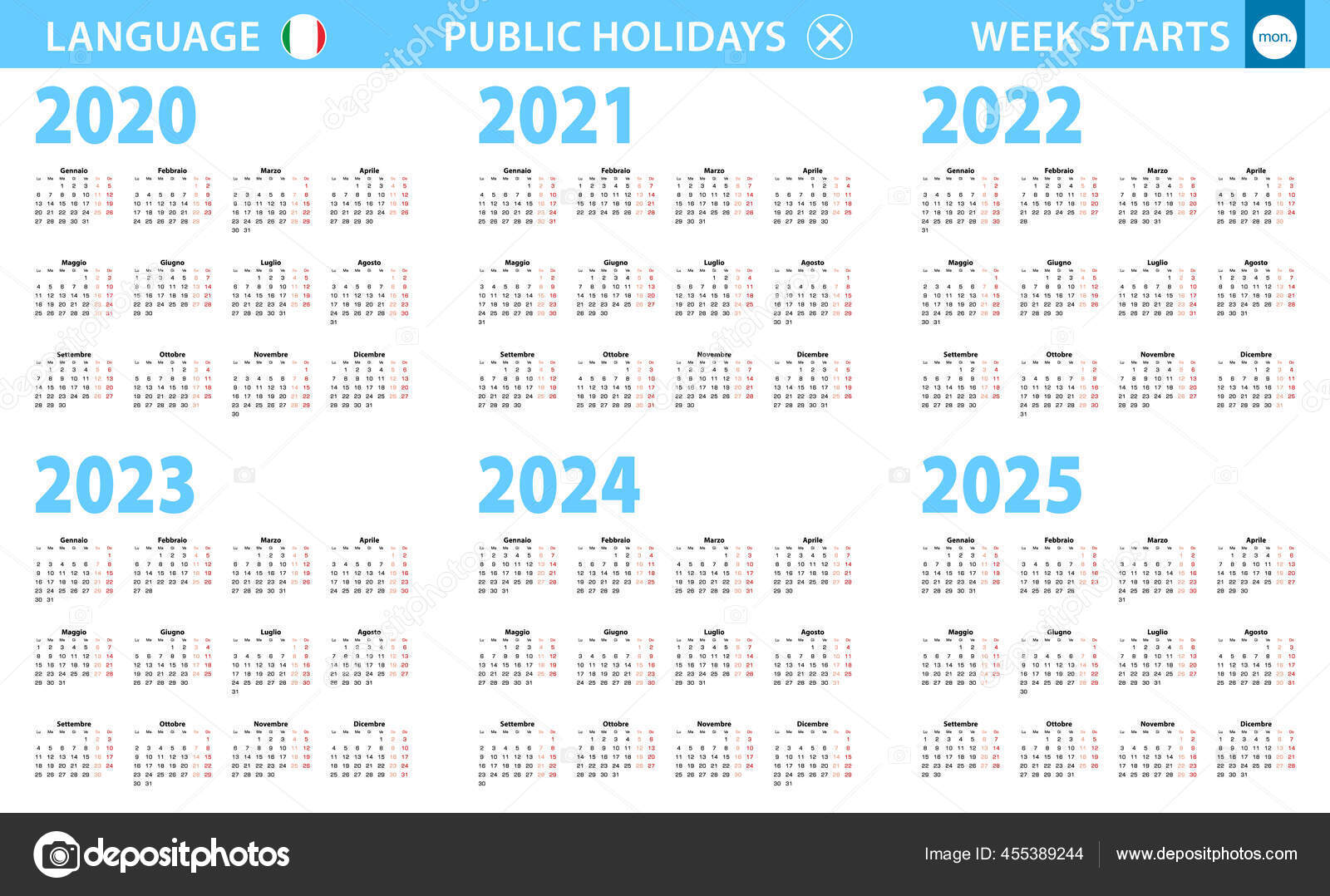 Calendario Lengua Italiana Para Los Años 2020 2021 2022 2023 Vector de ...