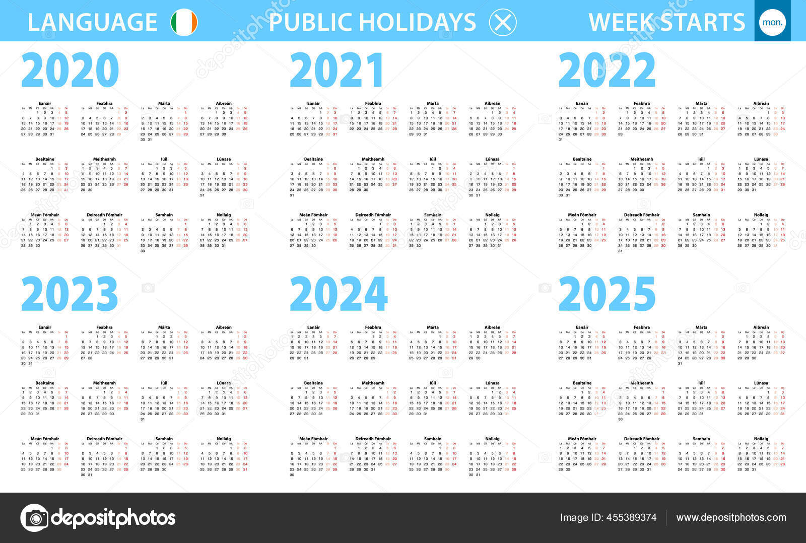 Calendar Irish Language Year 2020 2021 2022 2023 2024 2025 Stock Vector ...