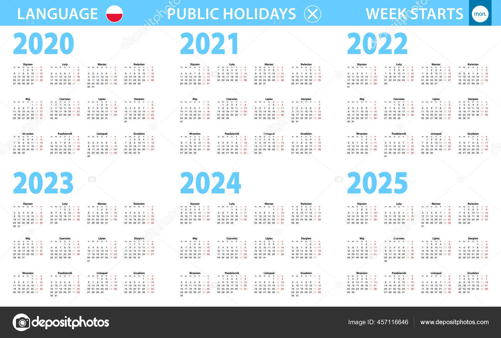 Kalender Dalam Bahasa Polandia Untuk Tahun 2020 2021 2022 2023 Vektor ...