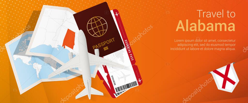 Viaja a Alabama bajo la bandera pop-under. Banner de viaje con ...