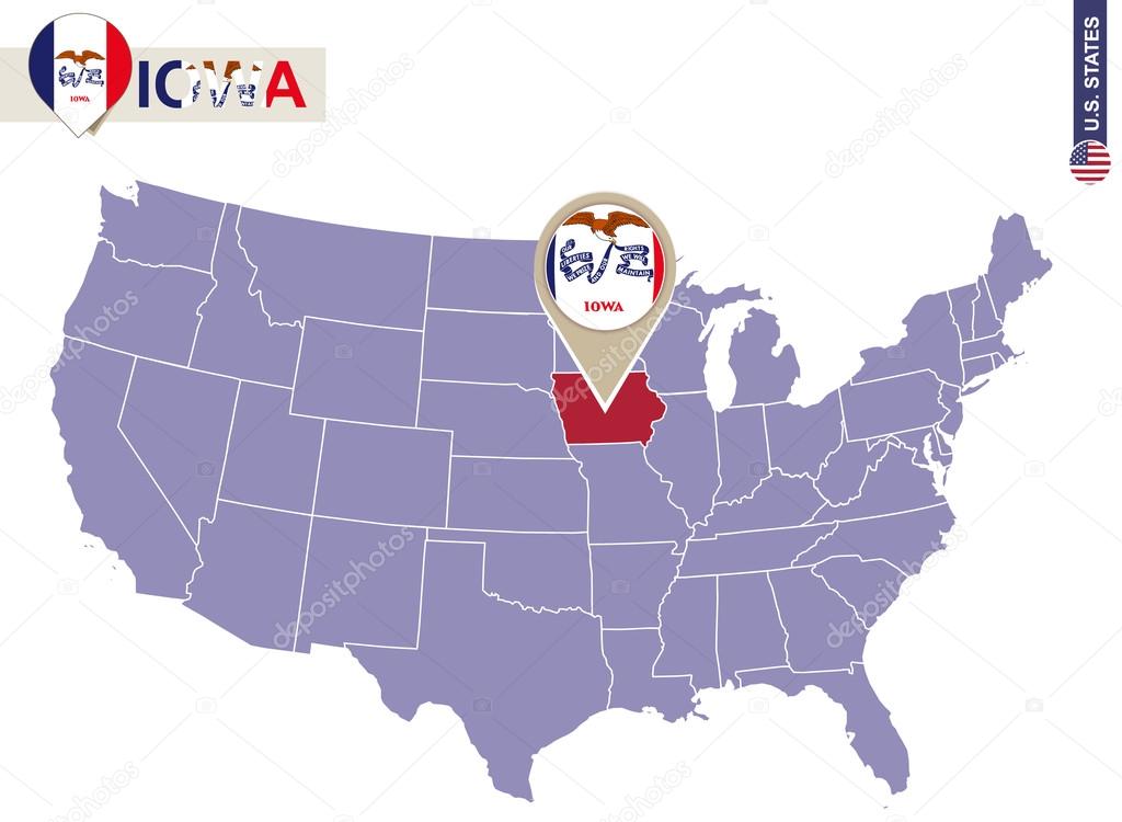 Iowa State en el mapa de Estados Unidos. Bandera y mapa de Iowa. 2024