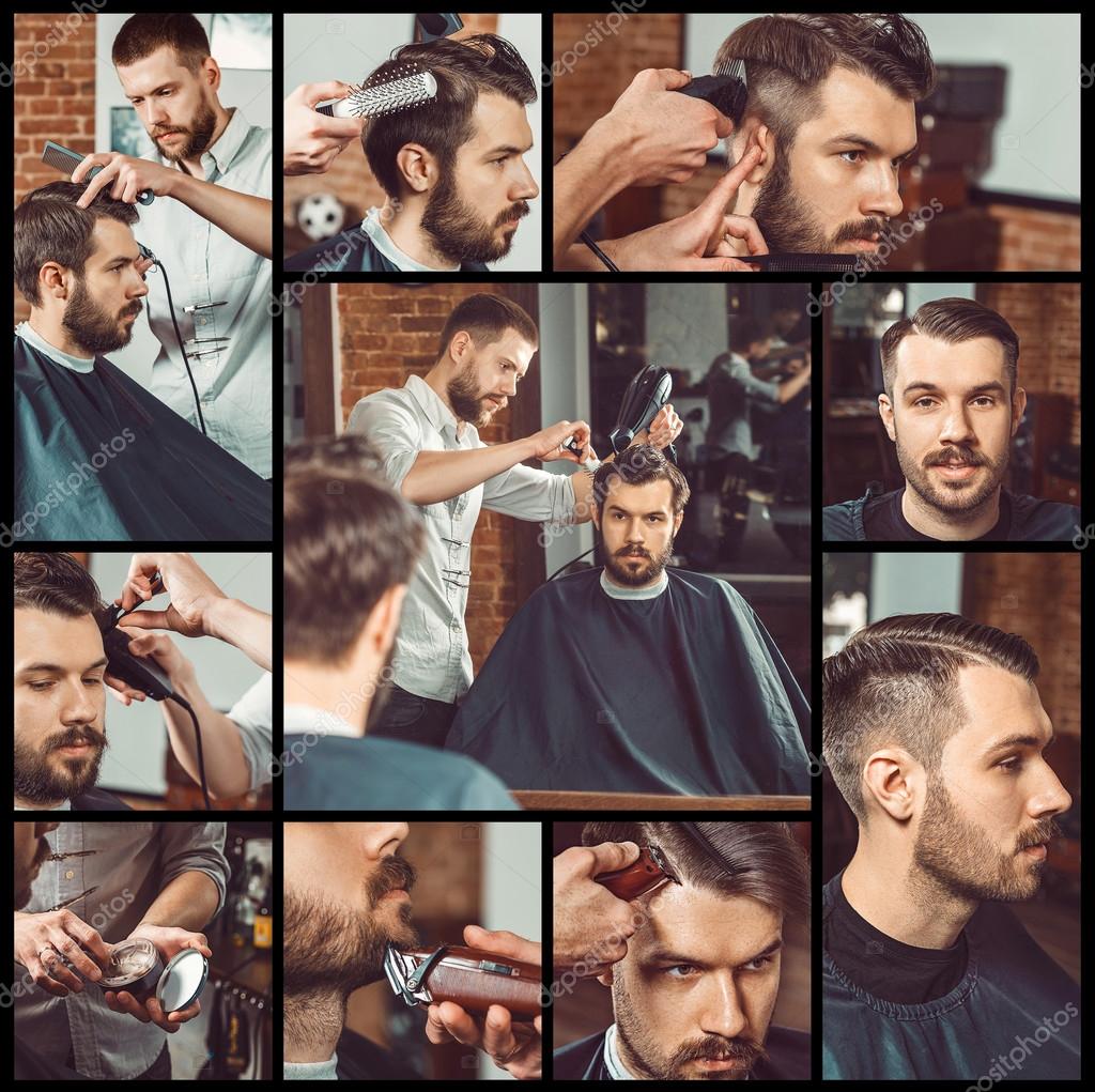 Peluquería en el trabajo. Collage de imágenes de barbería 2023