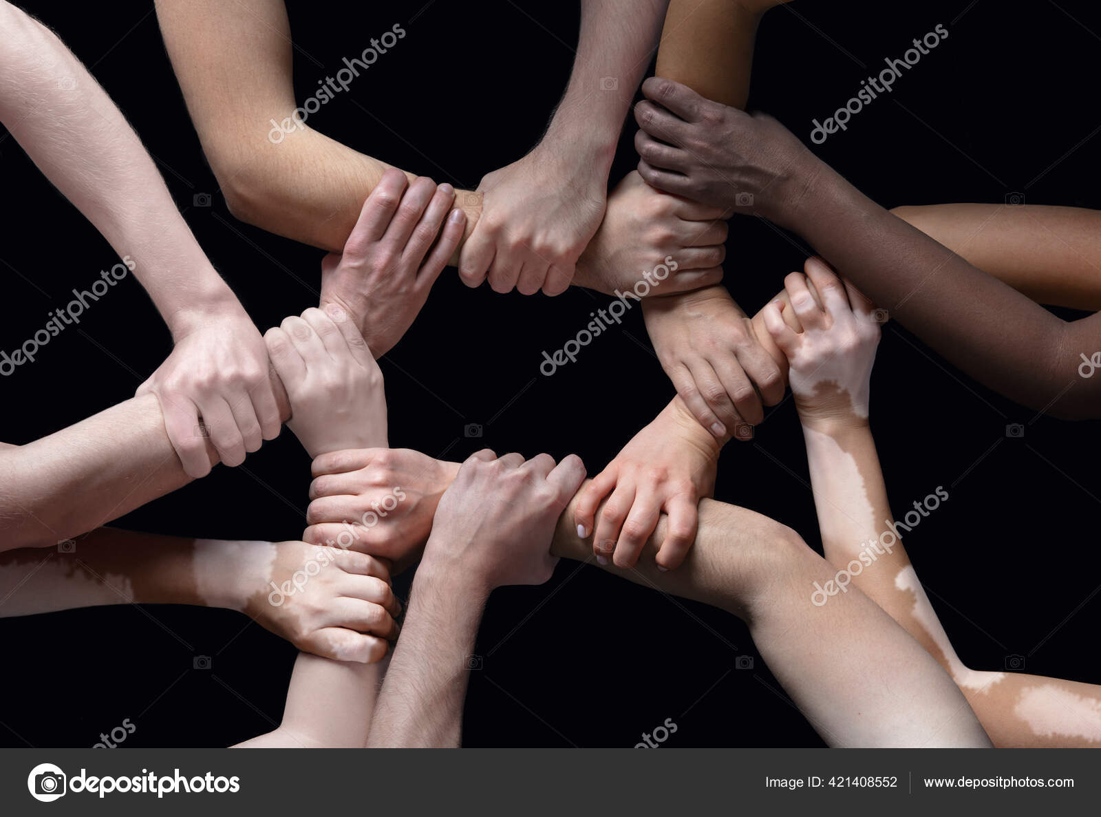 Hands of different people in touch isolated on black studio background ...