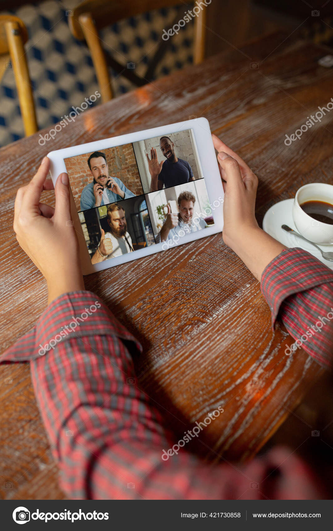 Remote working. Workplace in bar, restaurant office with PC, devices ...